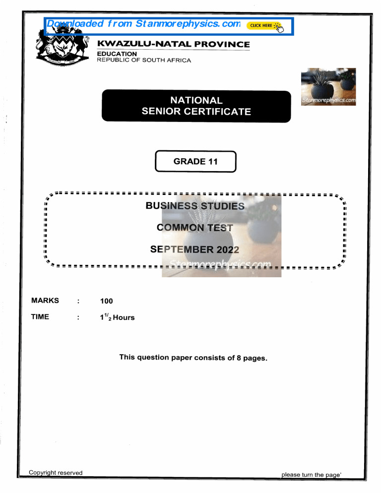 Grade 11 Business Studies Exam & Marking Guideline