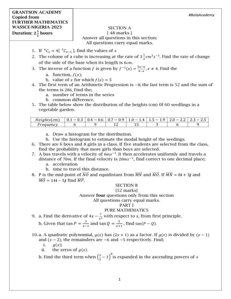 Further Mathematics WASSCE Exam Paper 2023