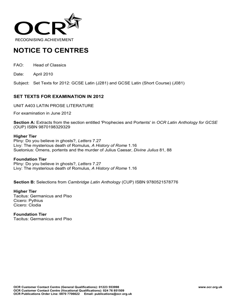 OCR GCSE Latin Set Texts 2012
