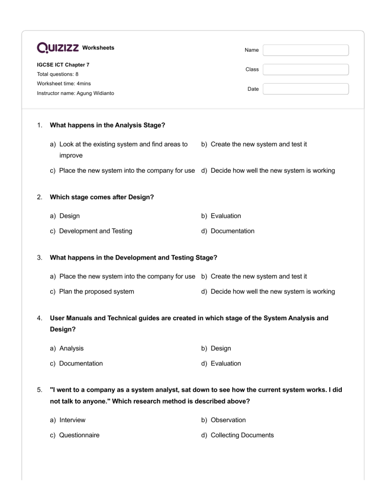 Igcse Ict System Analysis Worksheet
