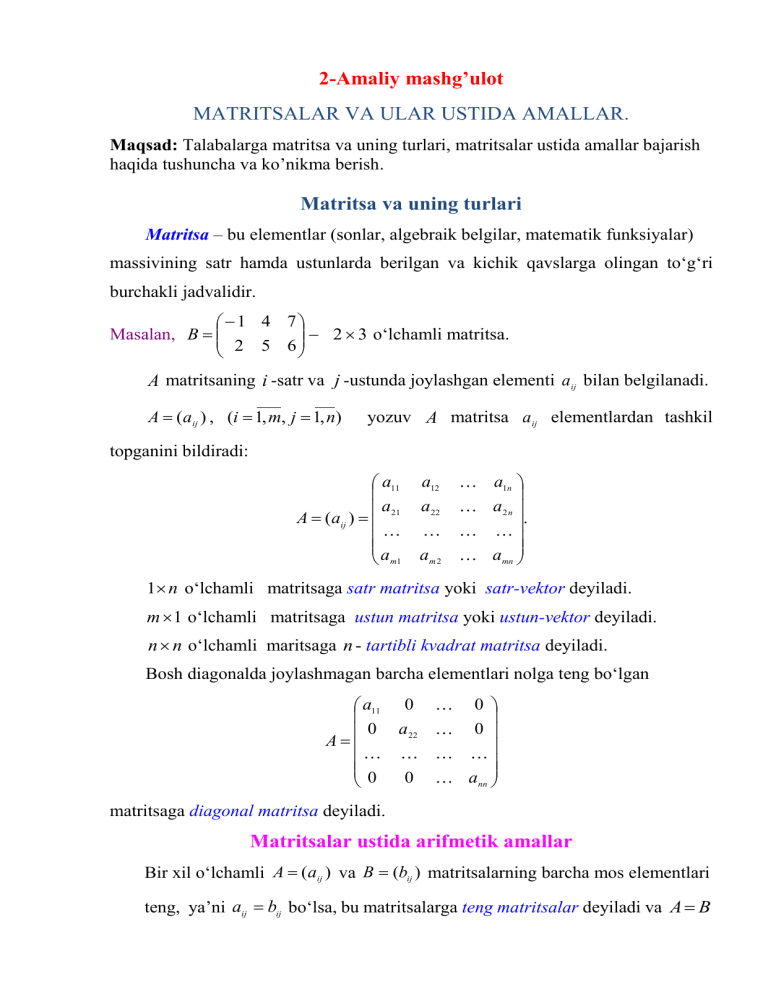 Matritsalar va ular ustida amallar. Amaliy mashg'ulot