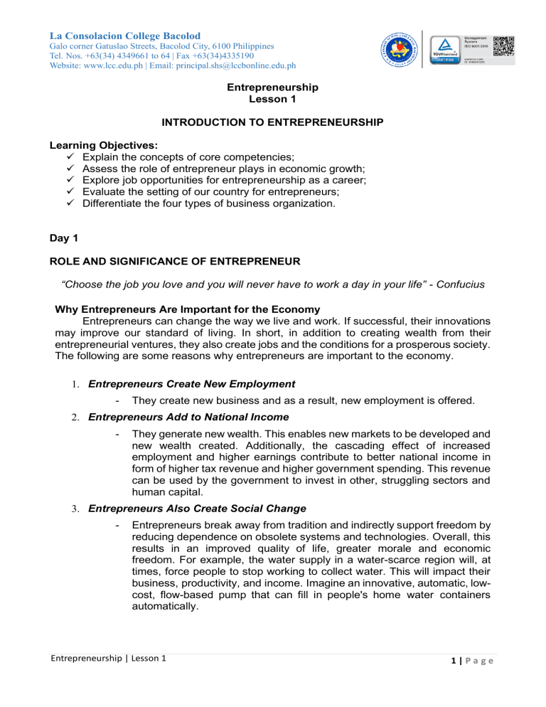 Intro to Entrepreneurship: Lesson 1 Handout