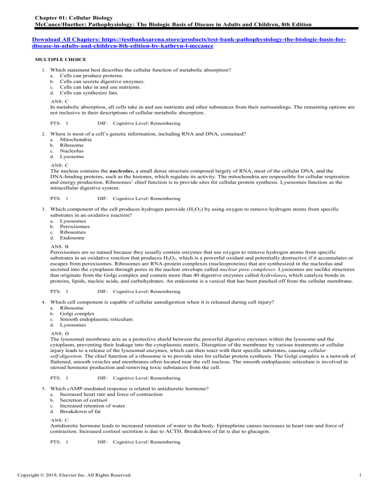 Cellular Biology Test Bank: Pathophysiology