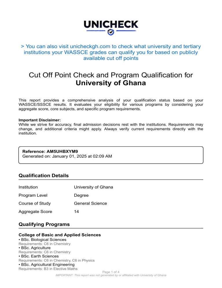 University of Ghana Qualification Check - WASSCE/SSSCE