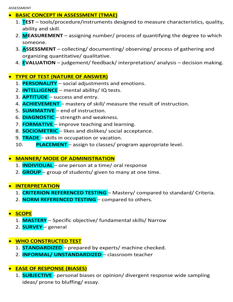Assessment Study Guide: Types, Principles, and Analysis