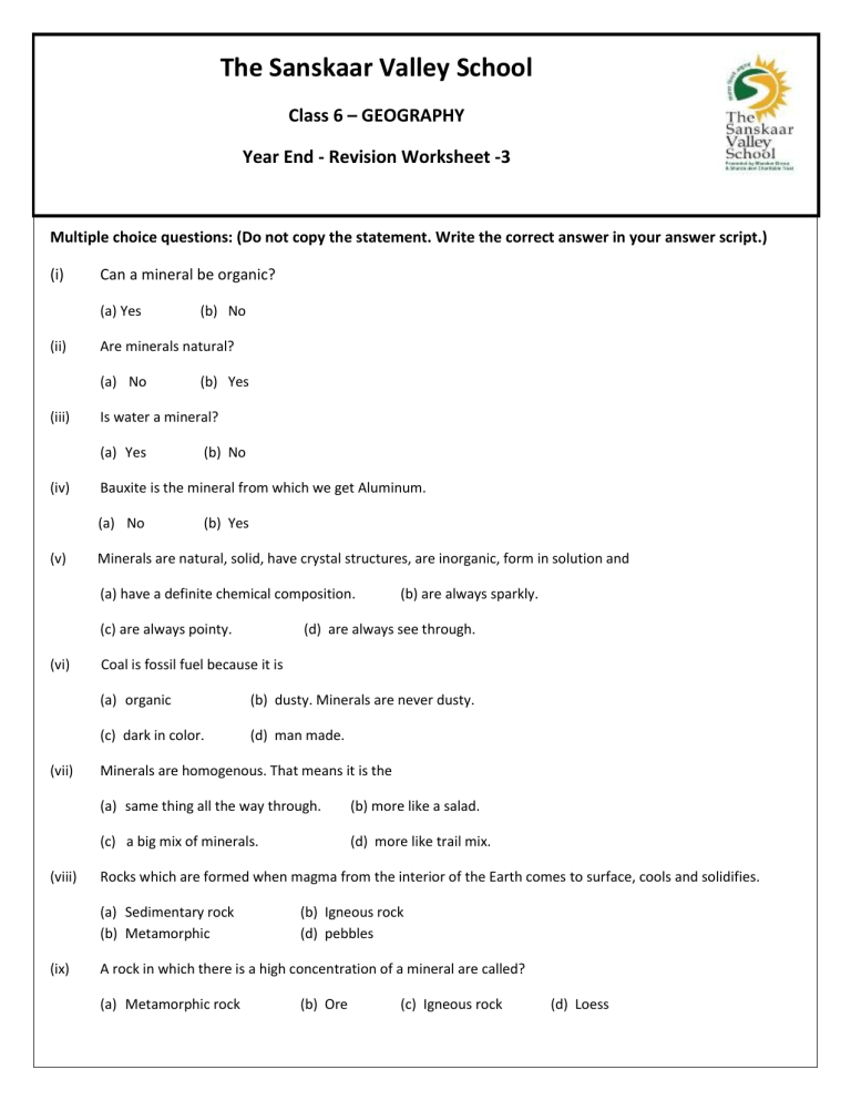 Class 6 Geography Worksheet: Minerals, Rocks, Mining