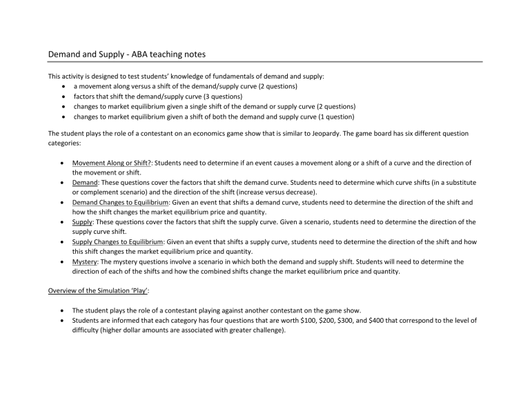 Demand and Supply: Economics Game Show Teaching Notes