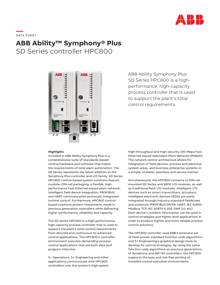 ABB Symphony Plus HPC800 Controller Datasheet