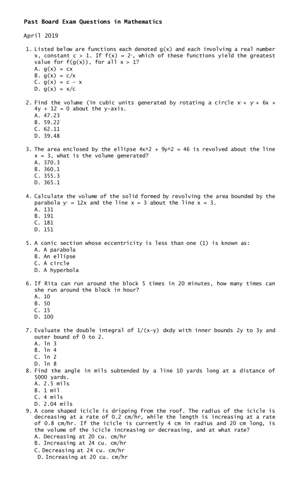 Past Board Exam Questions in Mathematics
