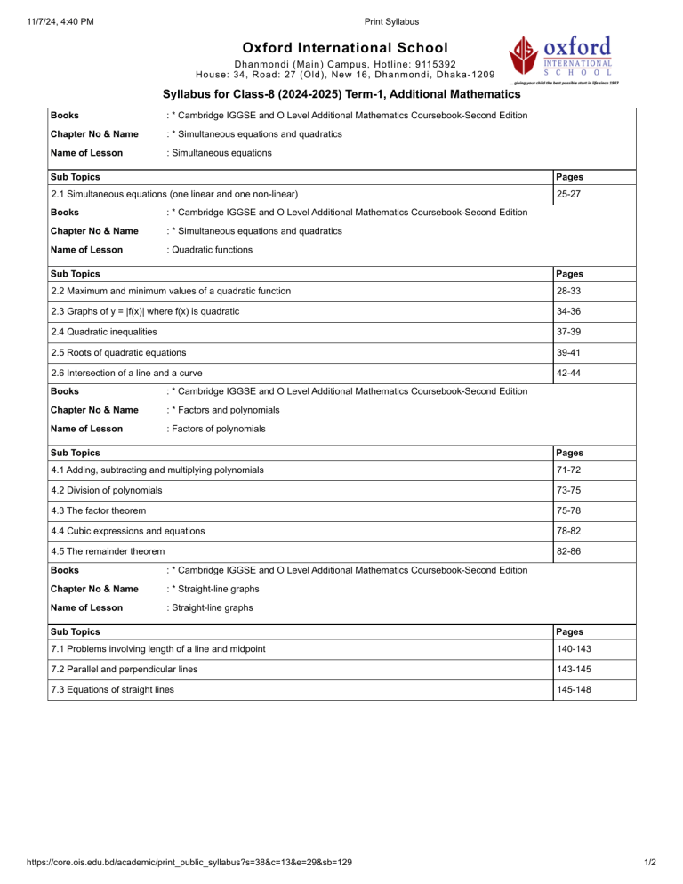 Class 8 Additional Mathematics Syllabus - Term 1