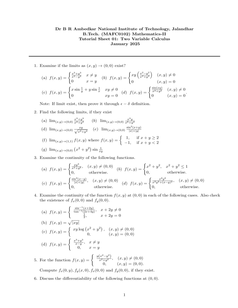 Two Variable Calculus Tutorial Sheet