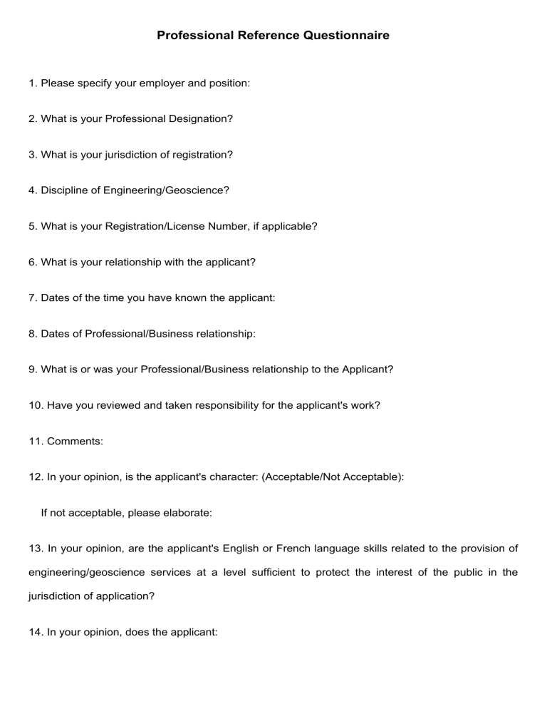 Professional Reference Questionnaire for Engineering/Geoscience