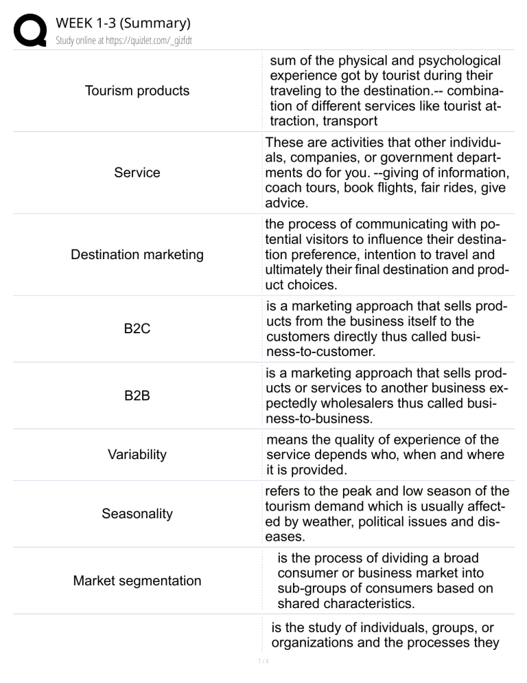 Tourism Marketing Summary: Key Concepts & Definitions