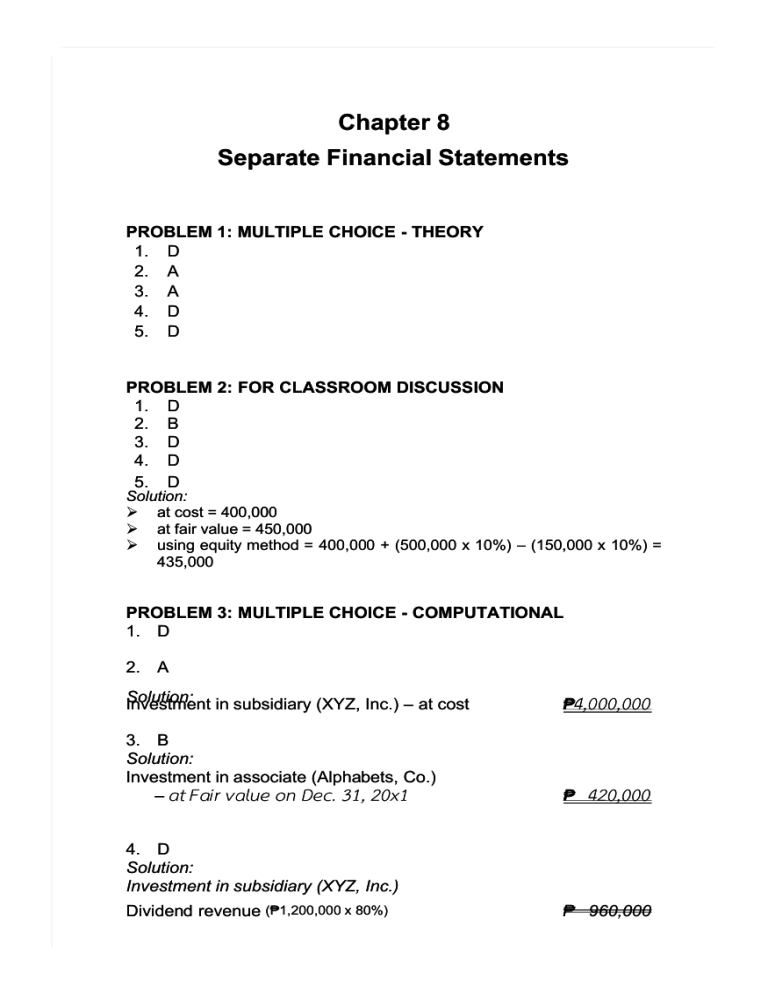 Separate Financial Statements Problem Set with Solutions