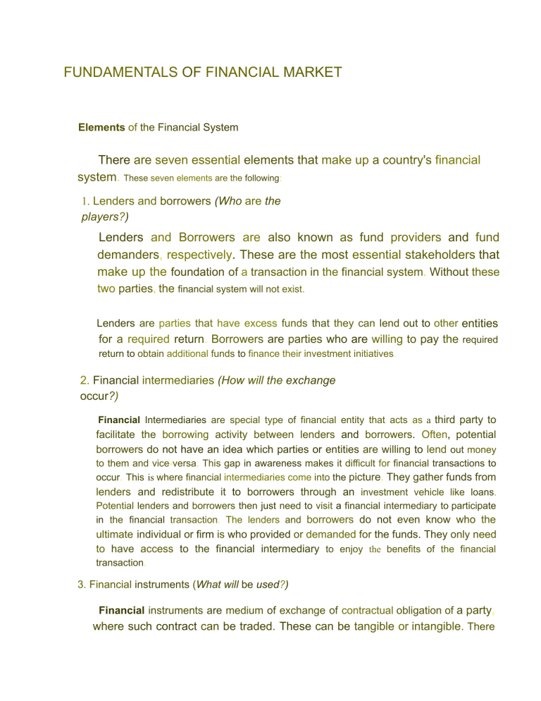 Financial Market Fundamentals: Elements & Functions