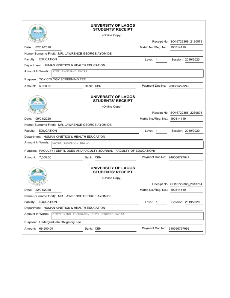 University of Lagos Student Receipts - Lawrence Ayomide