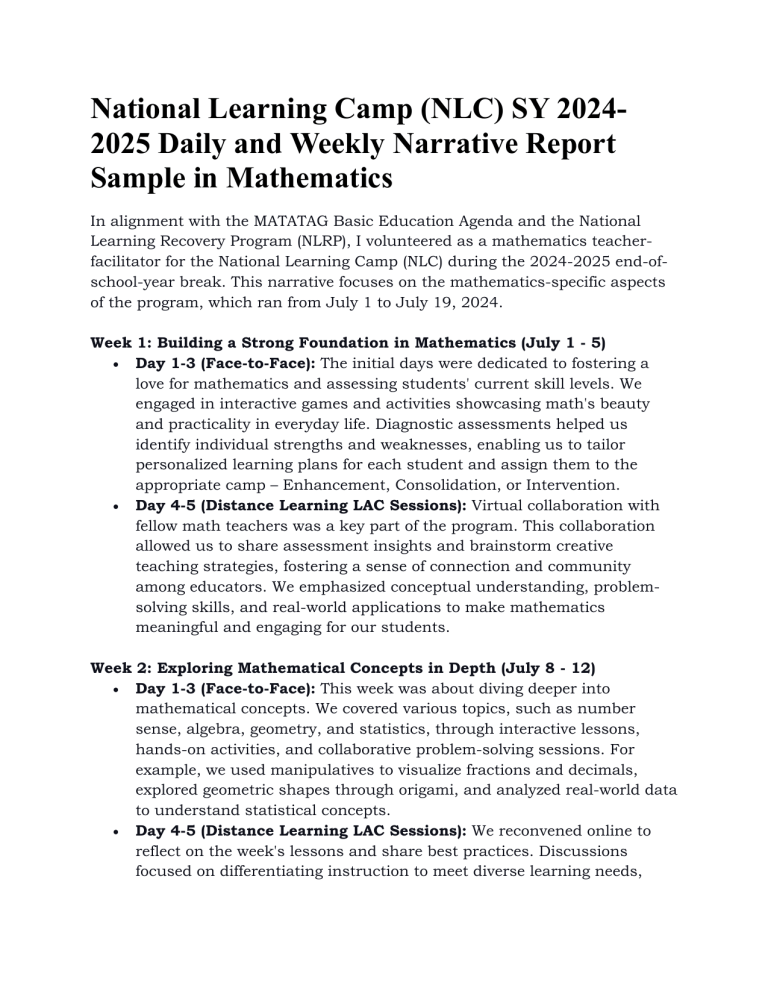 NLC Math Camp Narrative Report SY 2024-2025
