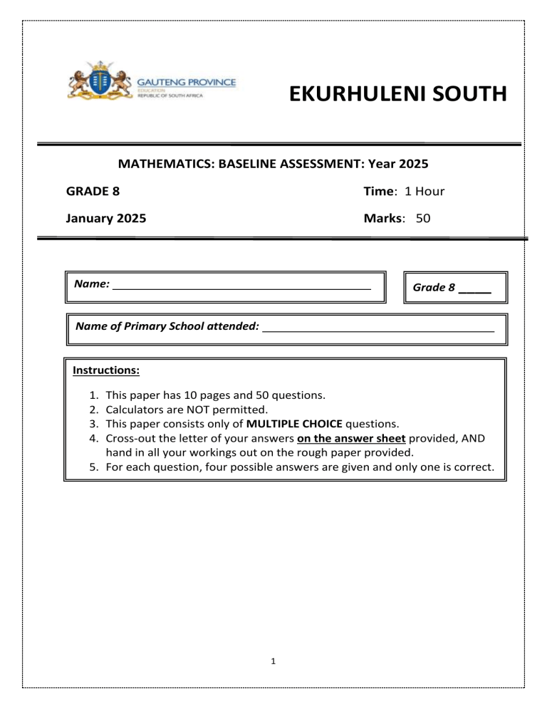 Grade 8 Math Baseline Assessment - Ekurhuleni South