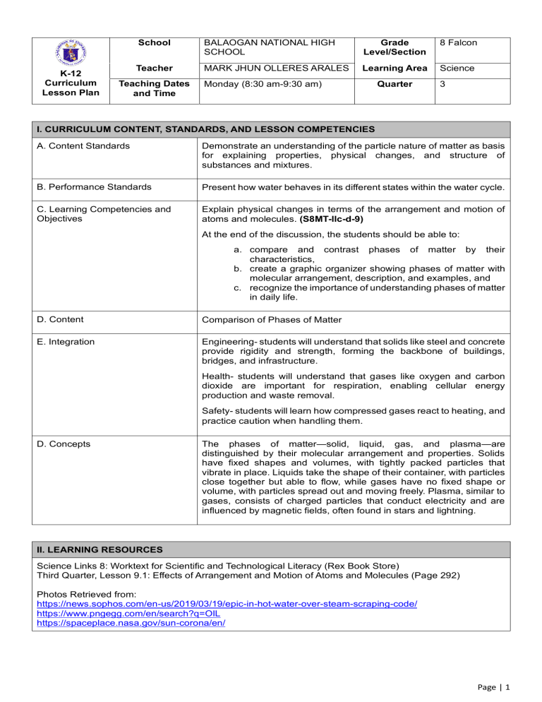 Phases of Matter Lesson Plan: Grade 8 Science