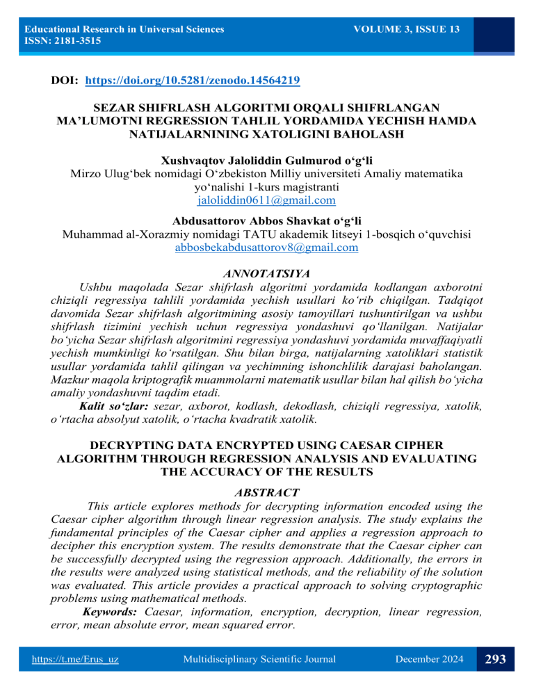 Sezar Shifrlashni Regressiya bilan Yechish