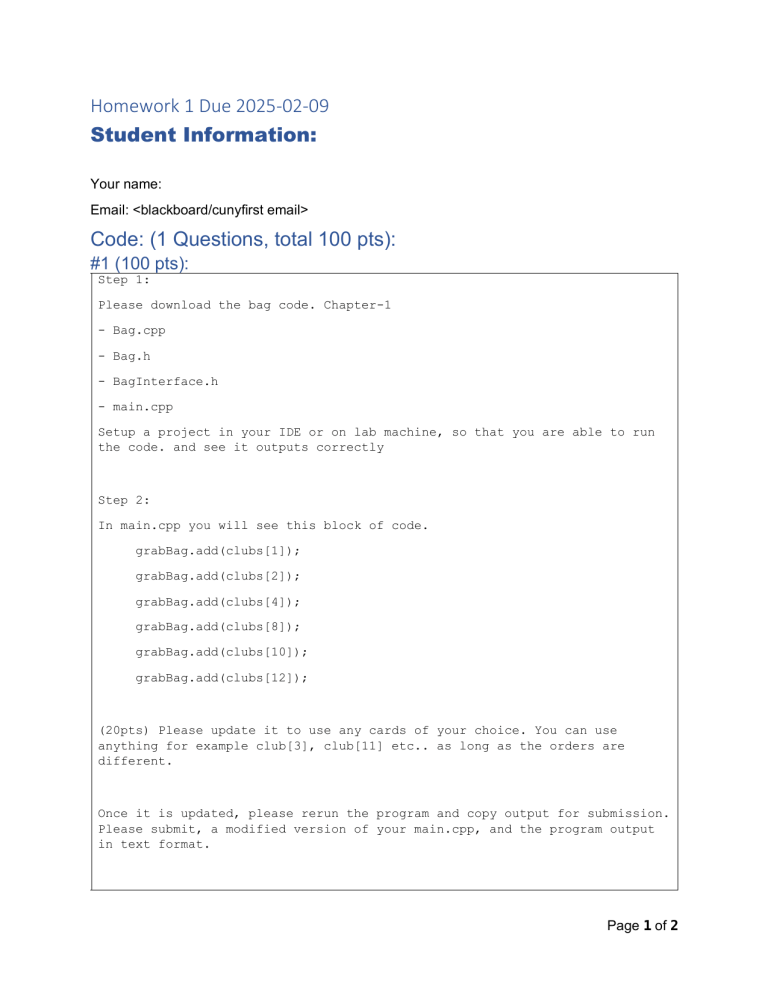 Bag Data Structure Homework Assignment