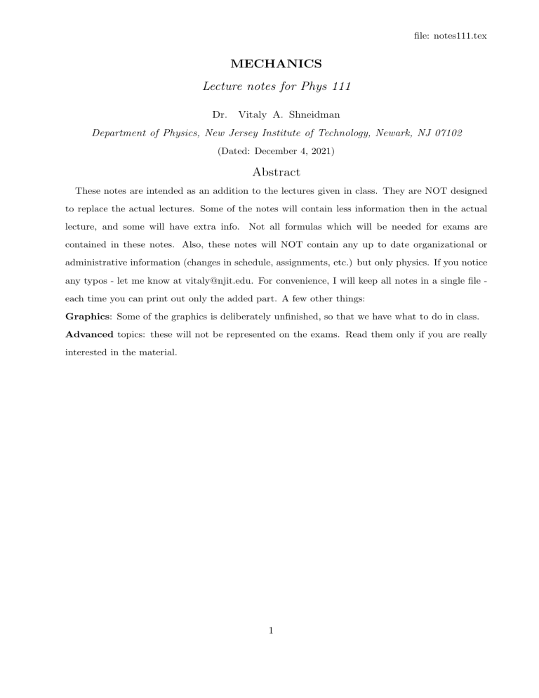 Physics 111 Lecture Notes: Mechanics