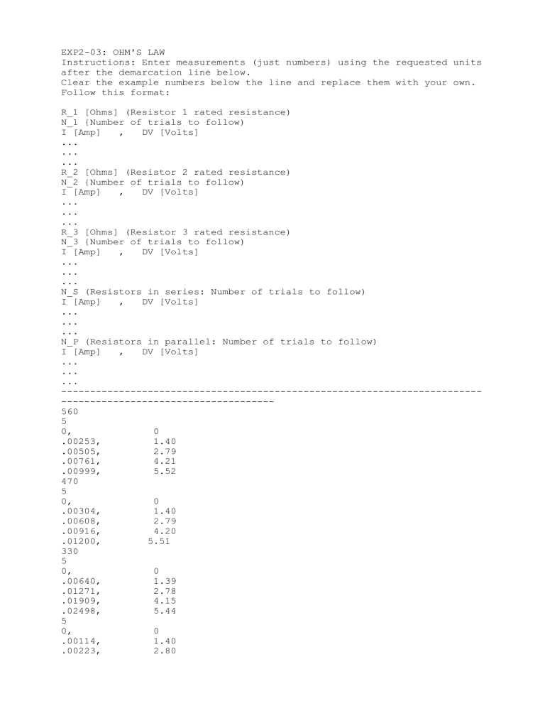 Ohm's Law Lab Data: Resistors, Current, Voltage