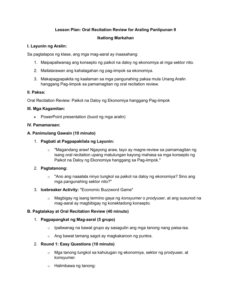 Araling Panlipunan 9: Oral Recitation Review - Economy & Savings