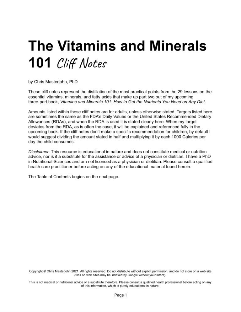 Vitamins & Minerals 101: Cliff Notes by Chris Masterjohn, PhD