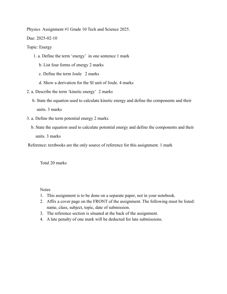 Grade 10 Physics Assignment: Energy
