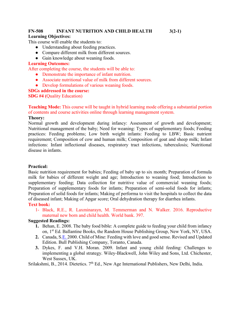 Infant Nutrition & Child Health Course Syllabus
