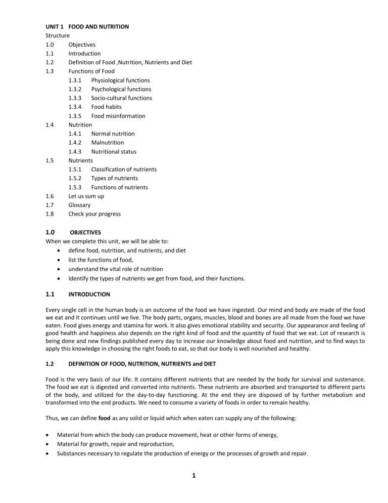 Food and Nutrition: Definitions, Functions, and Nutrients
