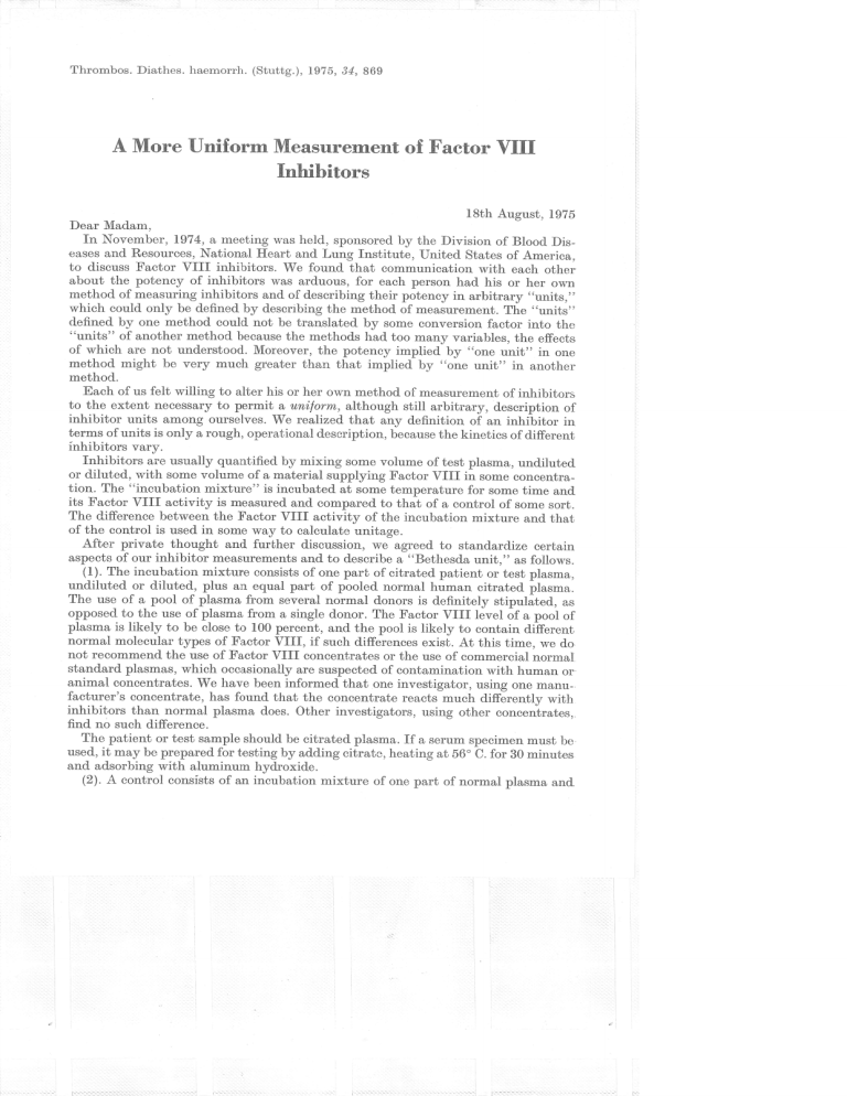 Factor VIII Inhibitor Measurement: Bethesda Unit Standard