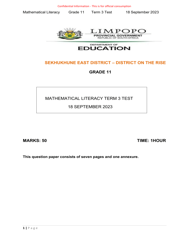 Grade 11 Mathematical Literacy Term 3 Test