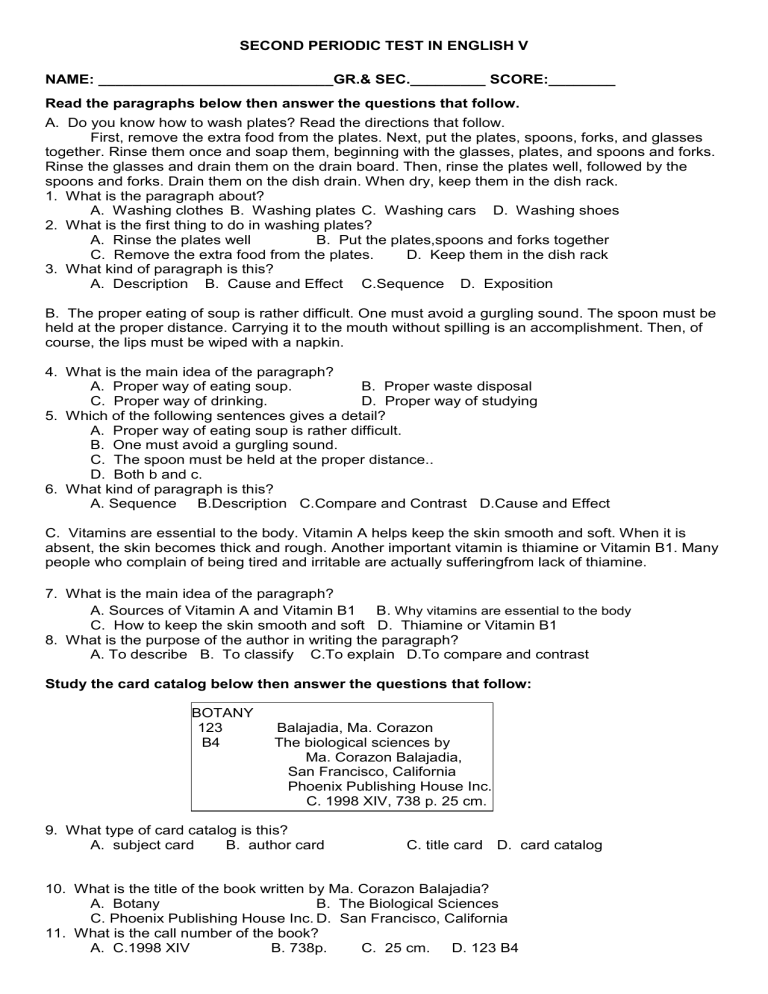 English V Test: Reading, Grammar, Vocabulary, Writing
