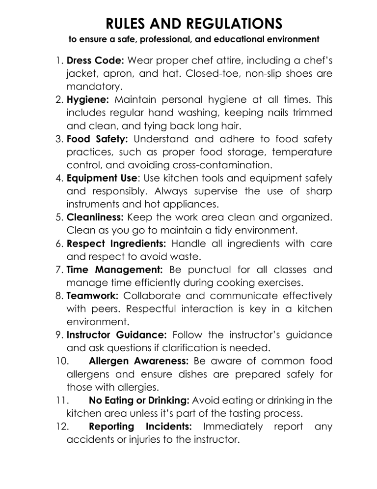 Kitchen Rules & Regulations: Safety, Hygiene, & Professionalism