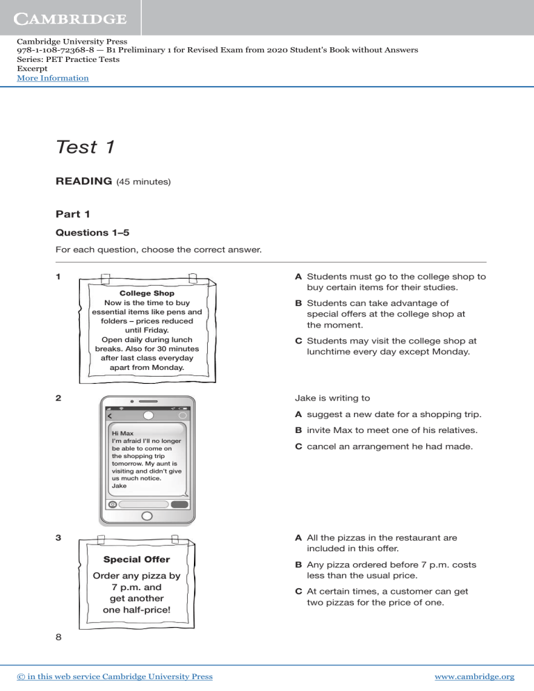 B1 Preliminary Reading Test 1: Exam Practice