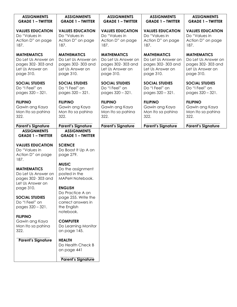 Grade 1 Assignments - Twitter Class
