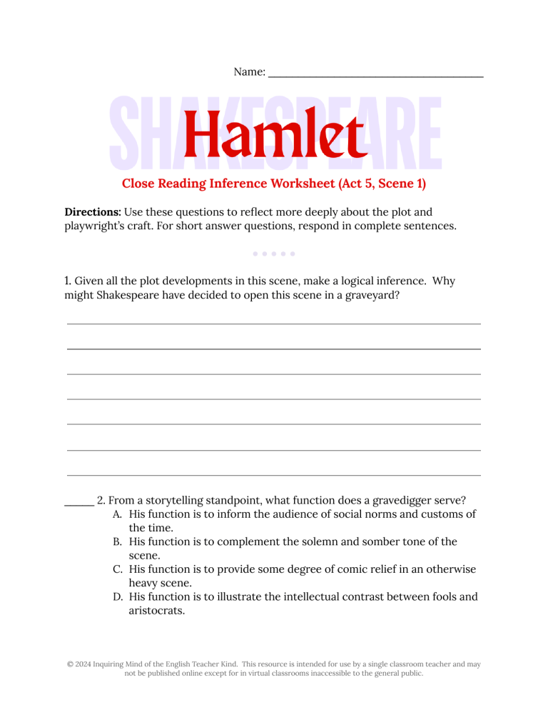 Hamlet Act 5 Scene 1 Inference Worksheet