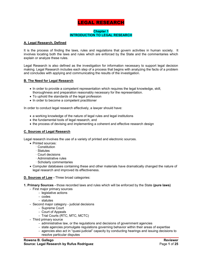 Legal Research: Introduction, Sources, and Process