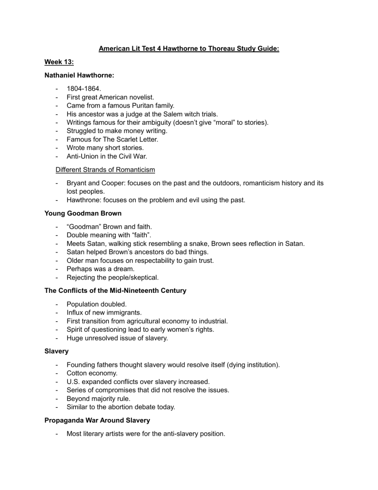 Hawthorne to Thoreau: American Lit Study Guide