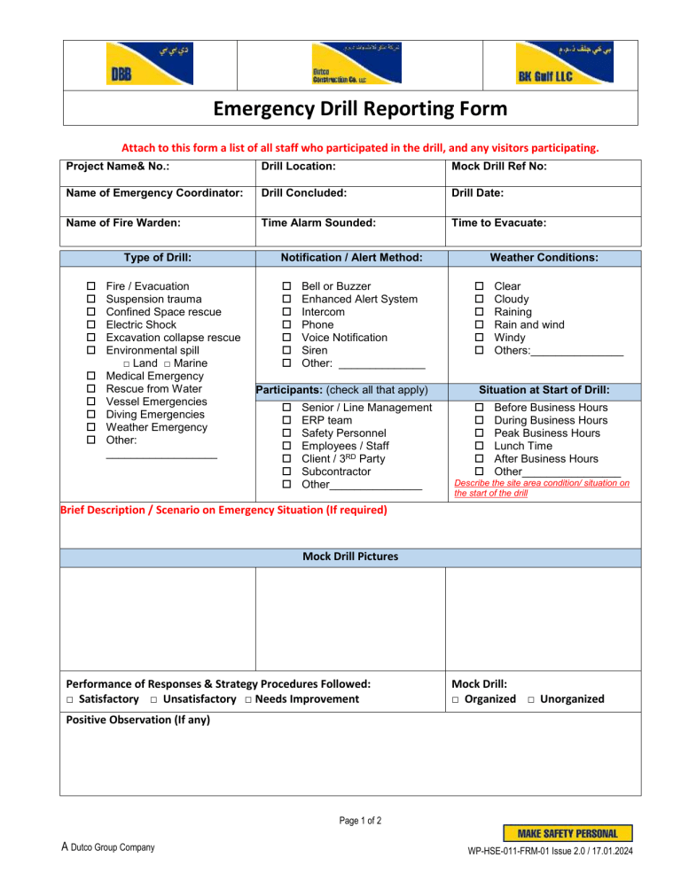 Emergency Drill Reporting Form | Safety & Preparedness