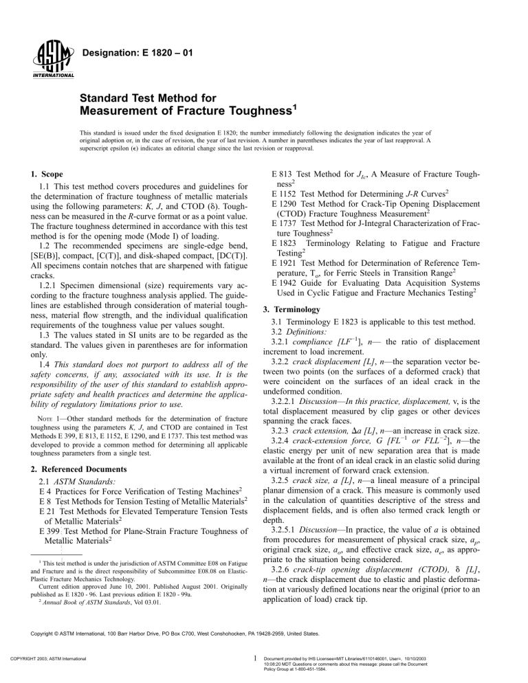 Fracture Toughness Test Method: ASTM E 1820 Standard