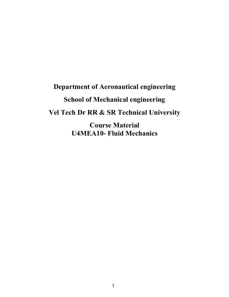Fluid Mechanics Course Material - Vel Tech University