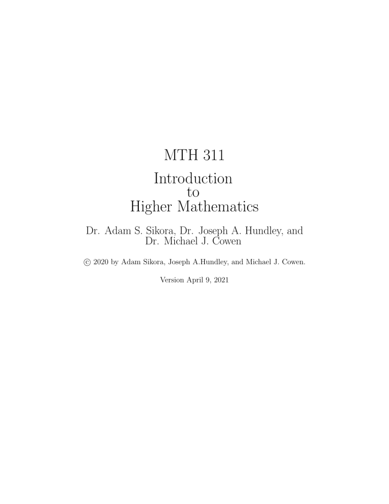 MTH 311: Intro to Higher Math - Course Notes
