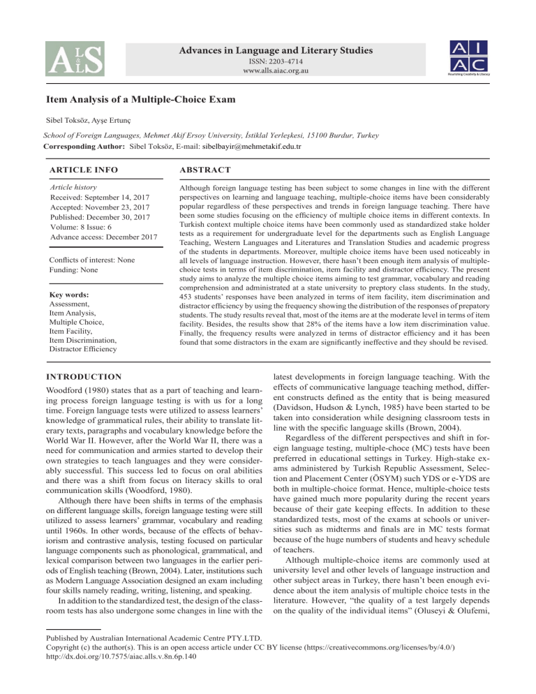 Multiple-Choice Exam Item Analysis in Language Testing