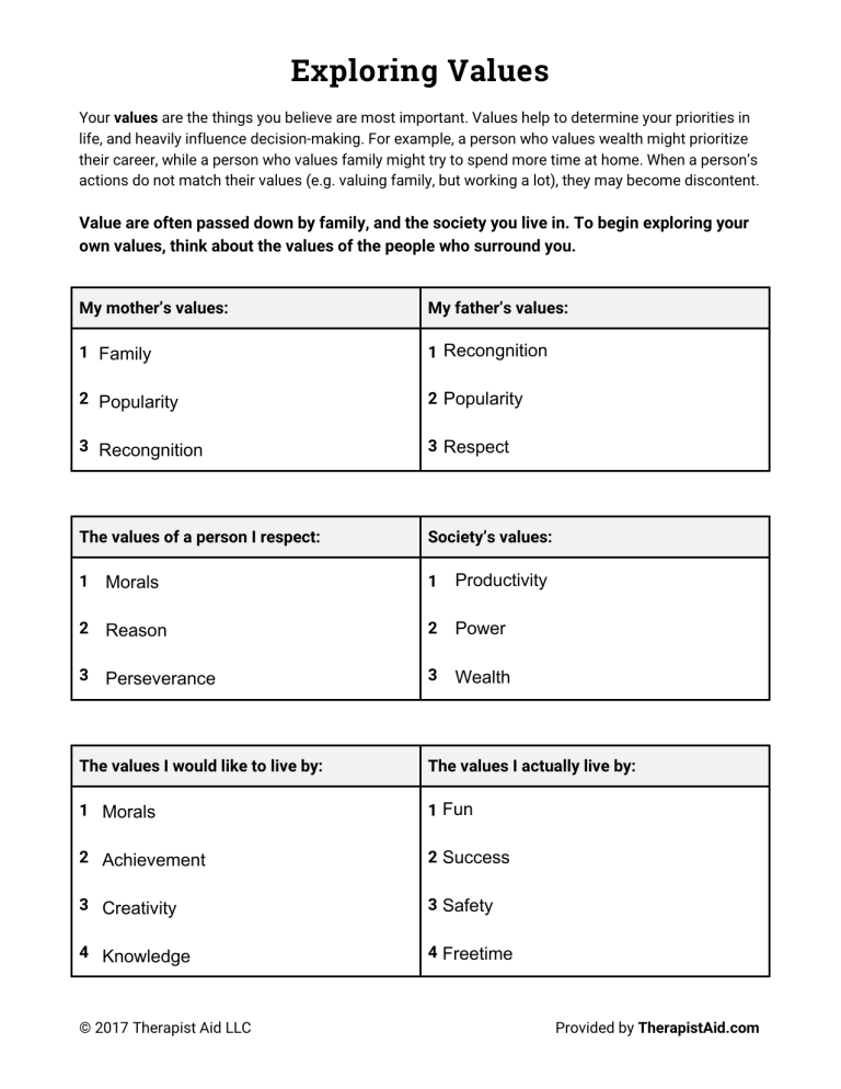 Exploring Values: Worksheet for Self-Reflection