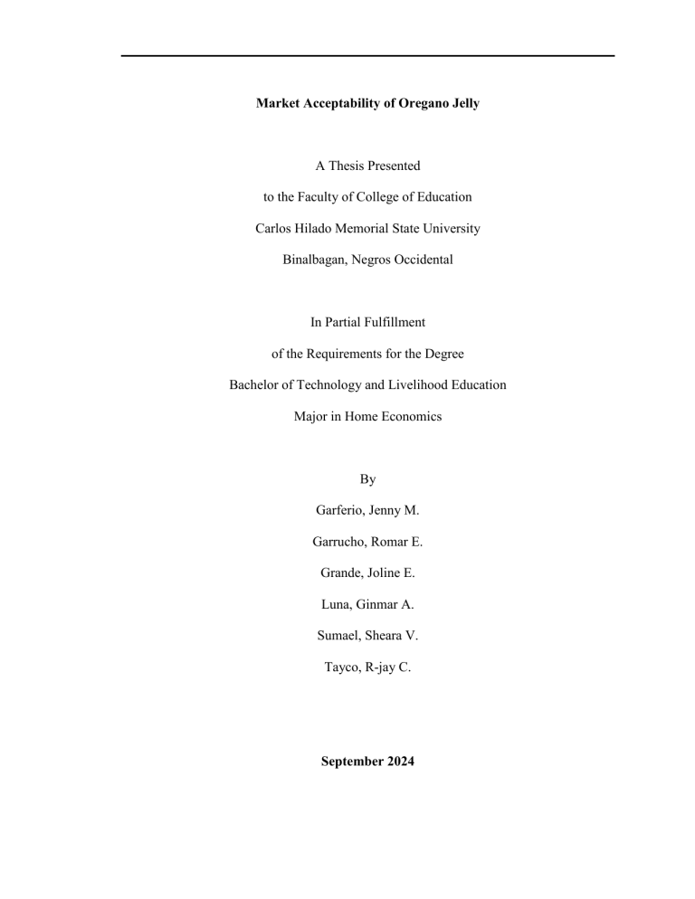 Oregano Jelly: Market Acceptability Thesis