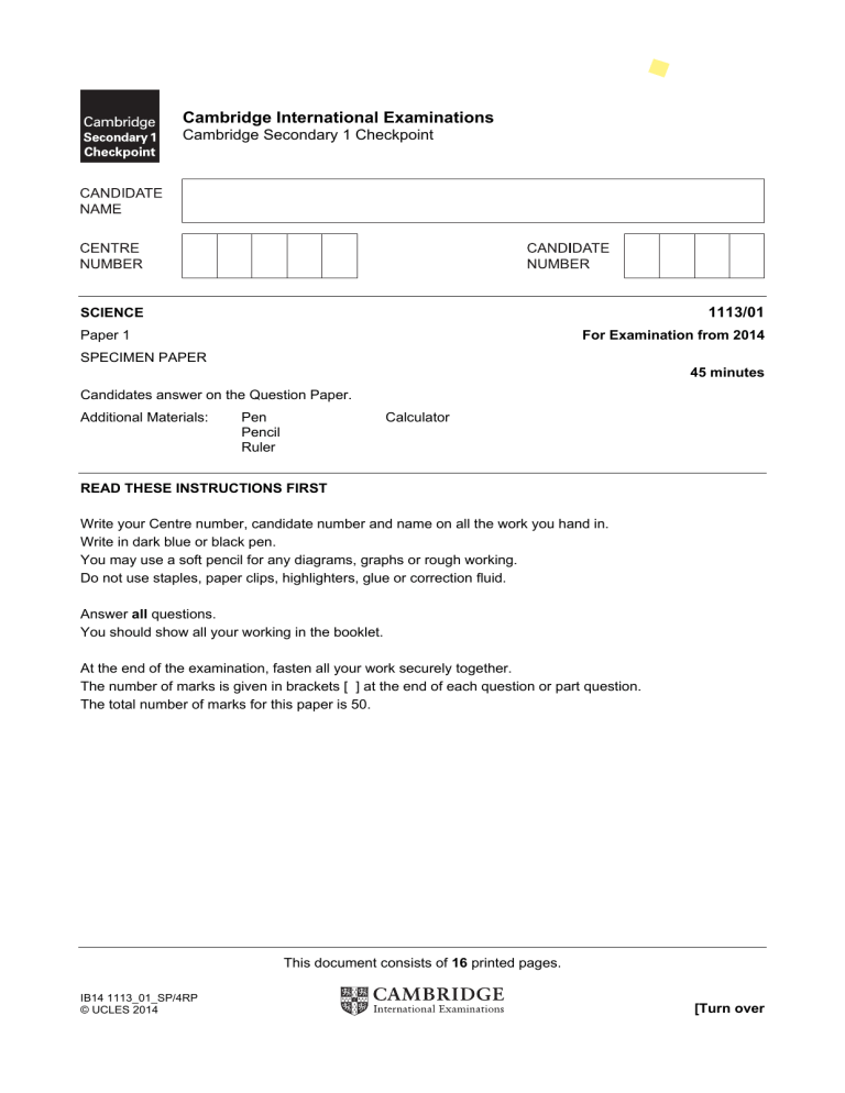 Science Specimen Paper: Cambridge Secondary 1 Checkpoint