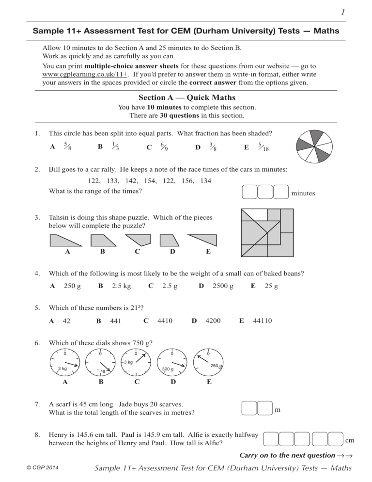 11+ Maths Assessment Test (CEM): Sample Questions